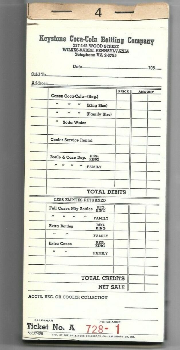 KEYSTONE COCA-COLA BOTTLING CO. INC RECEIPT BOOK 195?. UNUSED LARGE 31/ ...