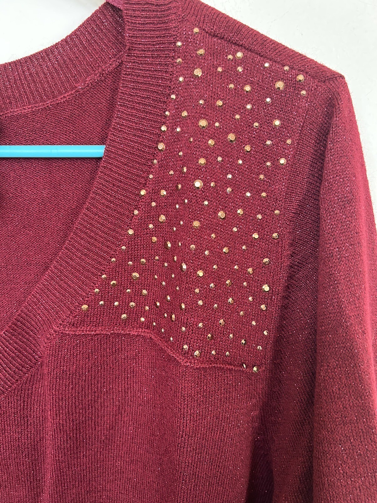 Catherines Rhinestone Beaded Sweater Shimmer Burgundy Red V Neck Sz 2X ...