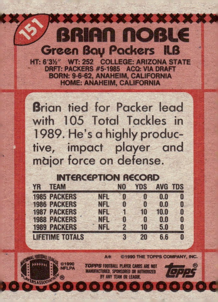 1990 Topps #151a Brian Noble - Green Bay Packers | eBay