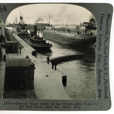 Soo Locks Ship Canal Stereoview 1920s Sault Ste Marie Michigan Boat ...