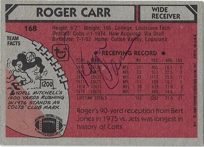 ROGER CARR Autographed Signed 1980 Topps Football card #168 Baltimore ...