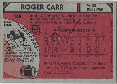 ROGER CARR Autographed Signed 1980 Topps Football card #168 Baltimore ...