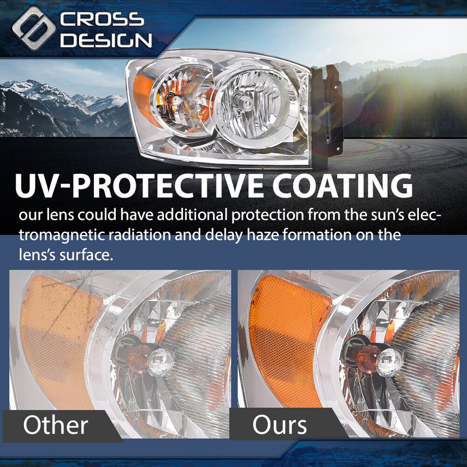 Fit For 06-09 Dodge Ram 1500 2500 3500 Pair Amber Headlight Chrome ...