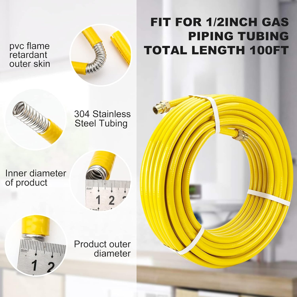 100FT 1/2" CSST Flexible Gas Line Kit with 2 Male Adapters for Stove ...