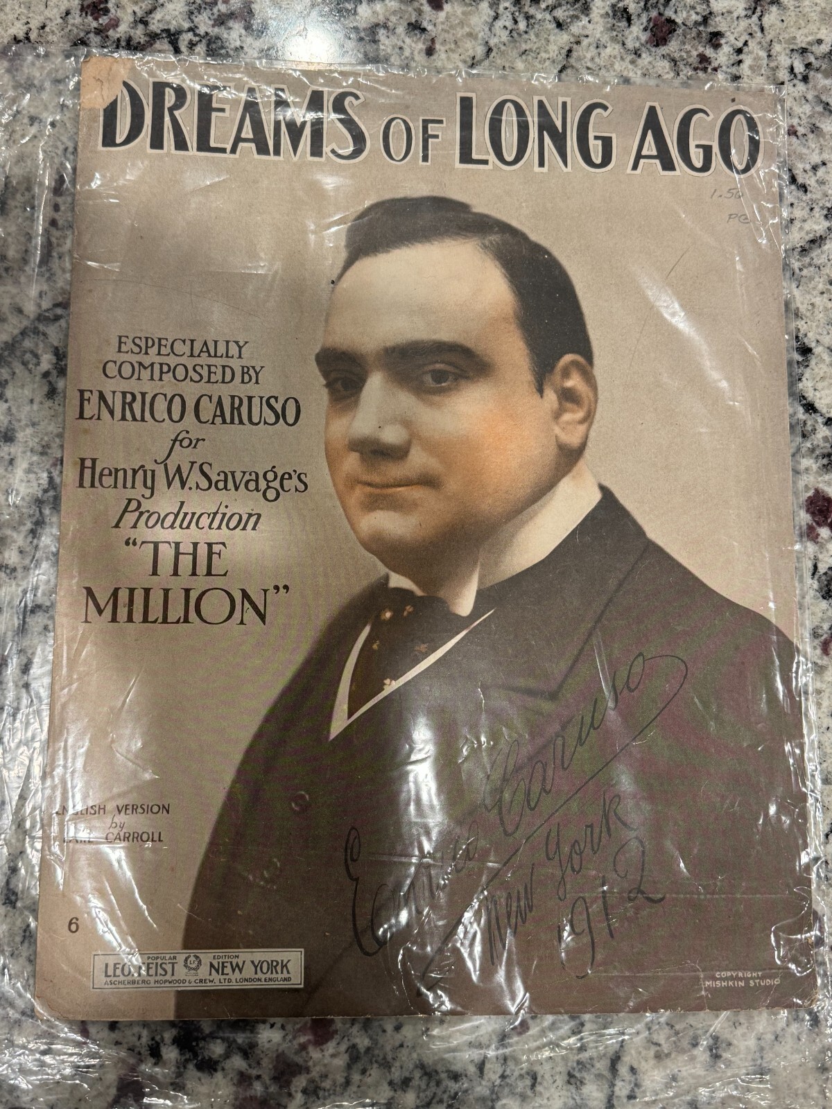 Enrico Caruso Autographed Sheet Music (1912) "Dreams of Long Ago" | eBay