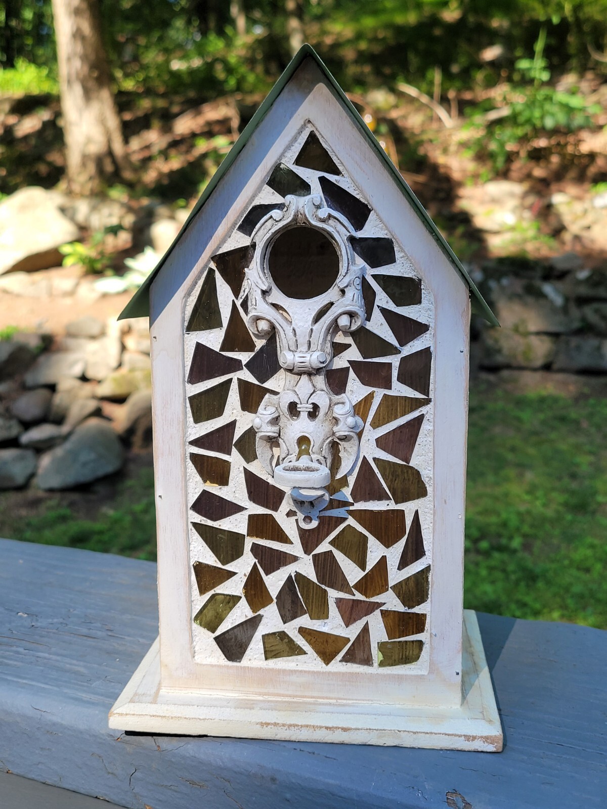 Tile Mosaic Birdhouse Whitewashed, tin roof, key hole perch, indoor ...