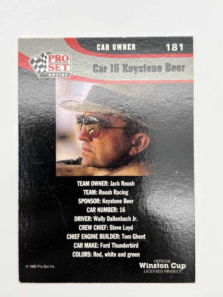 Car 16 Keystone Beer #181 - Racing Card - 1992 Pro Set Winston Cup - NM ...