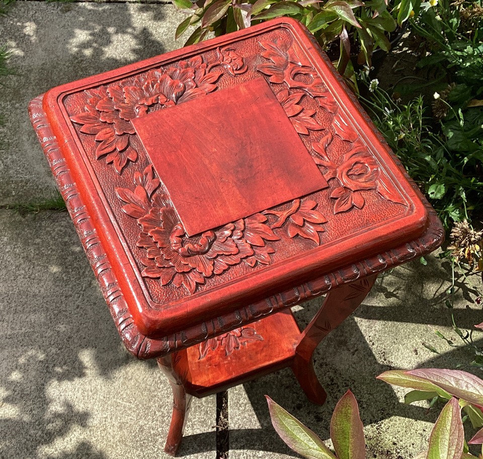 Antique Chinese 2 Tier Table / Stand. Red Lacquer. Carved Peony Borders ...