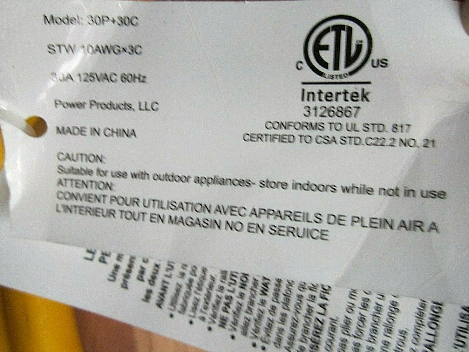 INTERTEK 3126867 12 FT RV MARINE SHORE POWER SUPPLY CORD CABLE HOOKUP ...