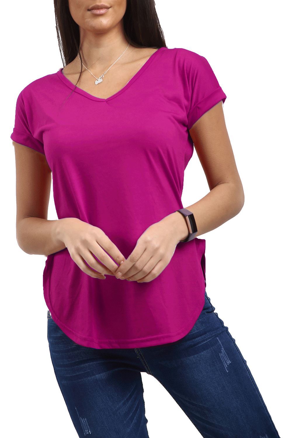 WOMENS LADIES PLAIN V NECK CURVED HEM TURN UP SHORT SLEEVE JERSEY T ...