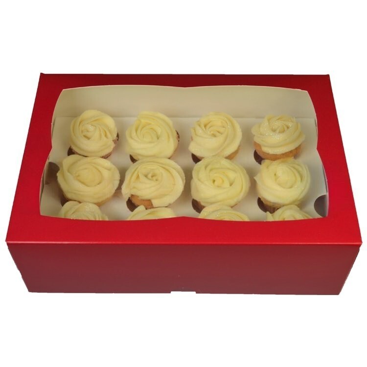 Windowed Red Cupcake Boxes for 4, 6, 12 Cup Cakes & Tray for Valentines ...