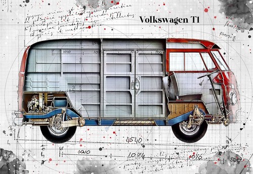 Line Tech Drawing Volkswagen T1 Auto Car Classic Cutaway Art Poster ...