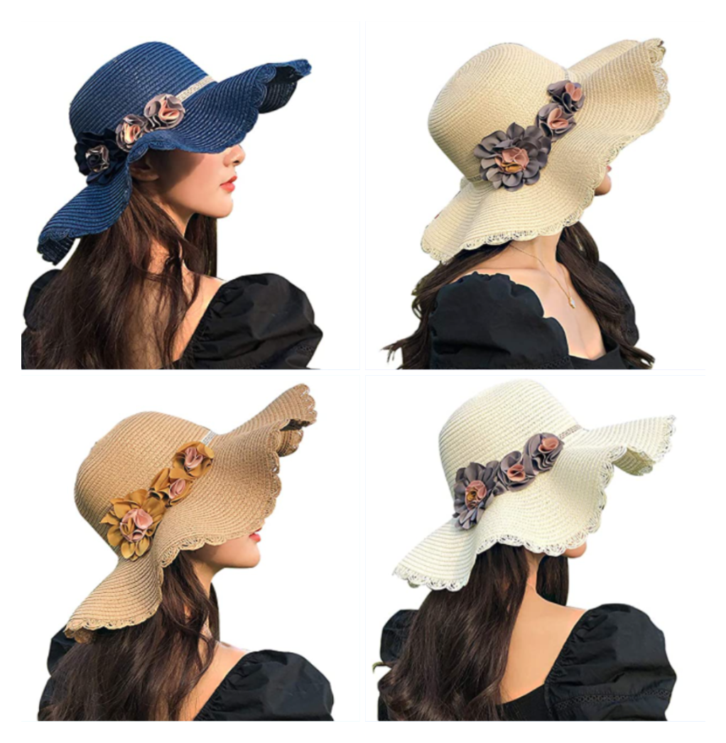 Women's Creamy-white Sun Hat with Three Flowers Decor for Summer UV ...