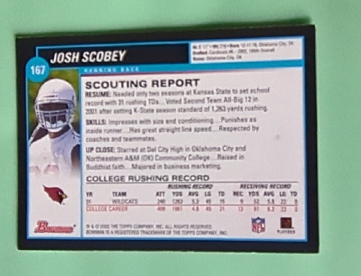 2002 Bowman Football Card #167 Josh Scobey Rookie - Arizona Cardinals ...