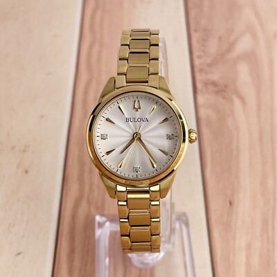 Bulova Sutton White Quartz Diamond Dial Women's Gold Watch 28mm 97P150 ...