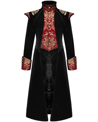 Devil Fashion Mens Long Gothic Coat Jacket Black Velvet Red Gold Damask ...