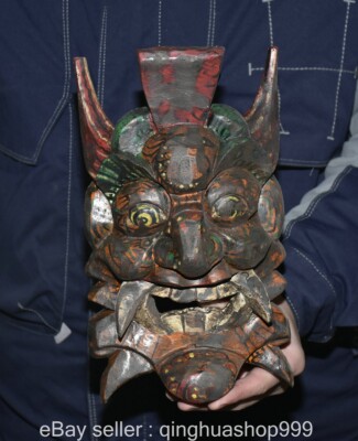 10.4" Old Chinese Wood Carved Paintings Dynasty Nuo Opera Demon ...