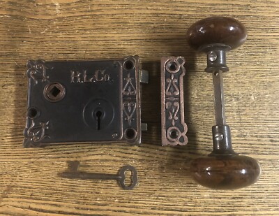 Antique RL Co Ornate Cast Iron Rim Lock, Keeper, Key & Mineral ...