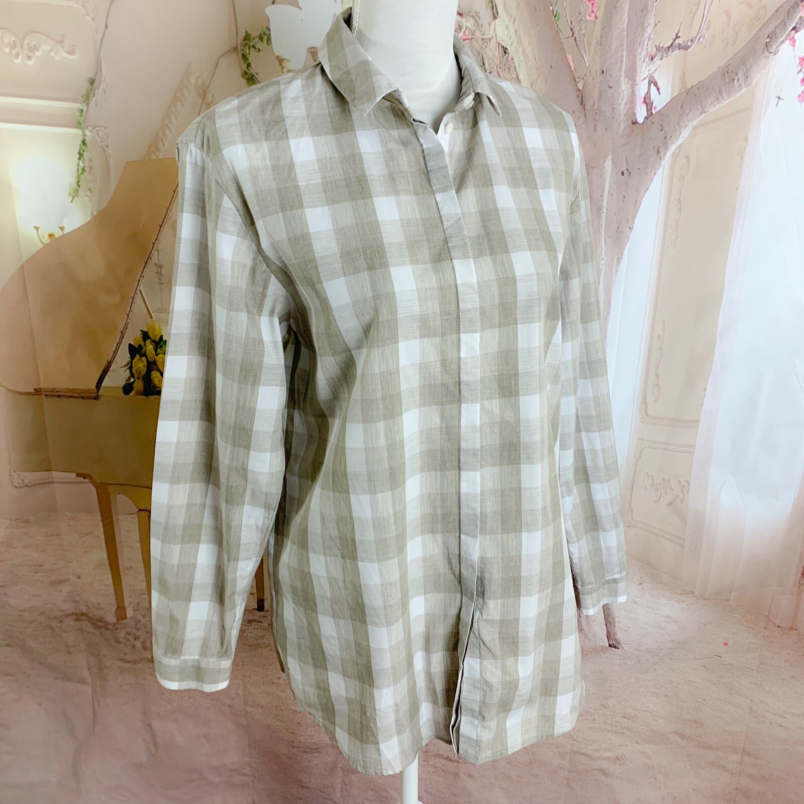 Lafayette 148 Blouse Top Cotton Brown Tan Checker Long Sleeve Button ...
