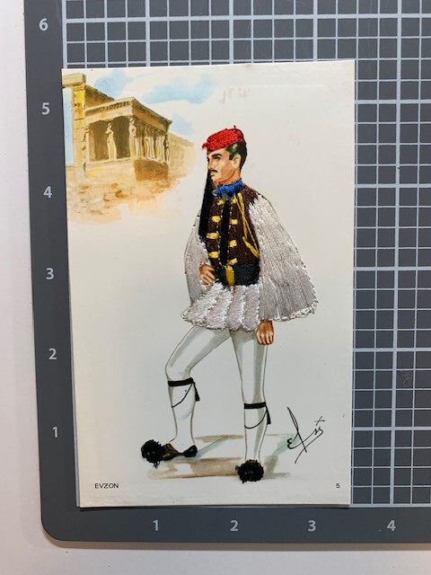 Vintage embroidered postcard, Evzon 5, Artist signed Elsi, Greece ...