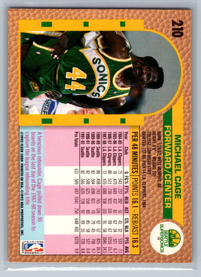 Michael Cage 1992-93 Fleer BASKETBALL #210 Seattle SuperSonics | eBay