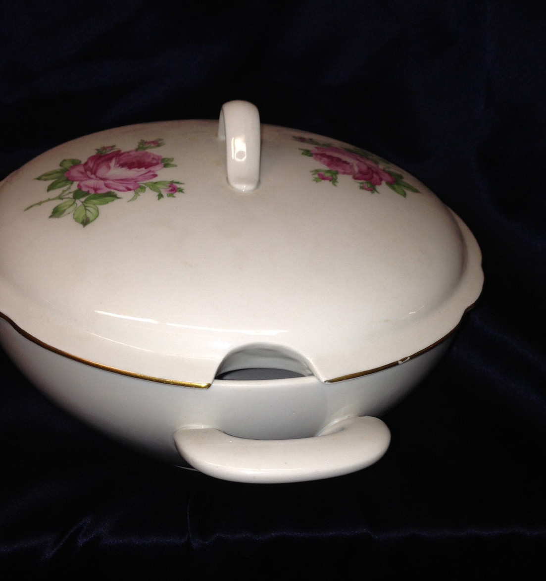 KAHLA KONITZ GERMANY TUREEN WITH LID GOLD TRIM WHITE WITH PINK FLOWERS ...