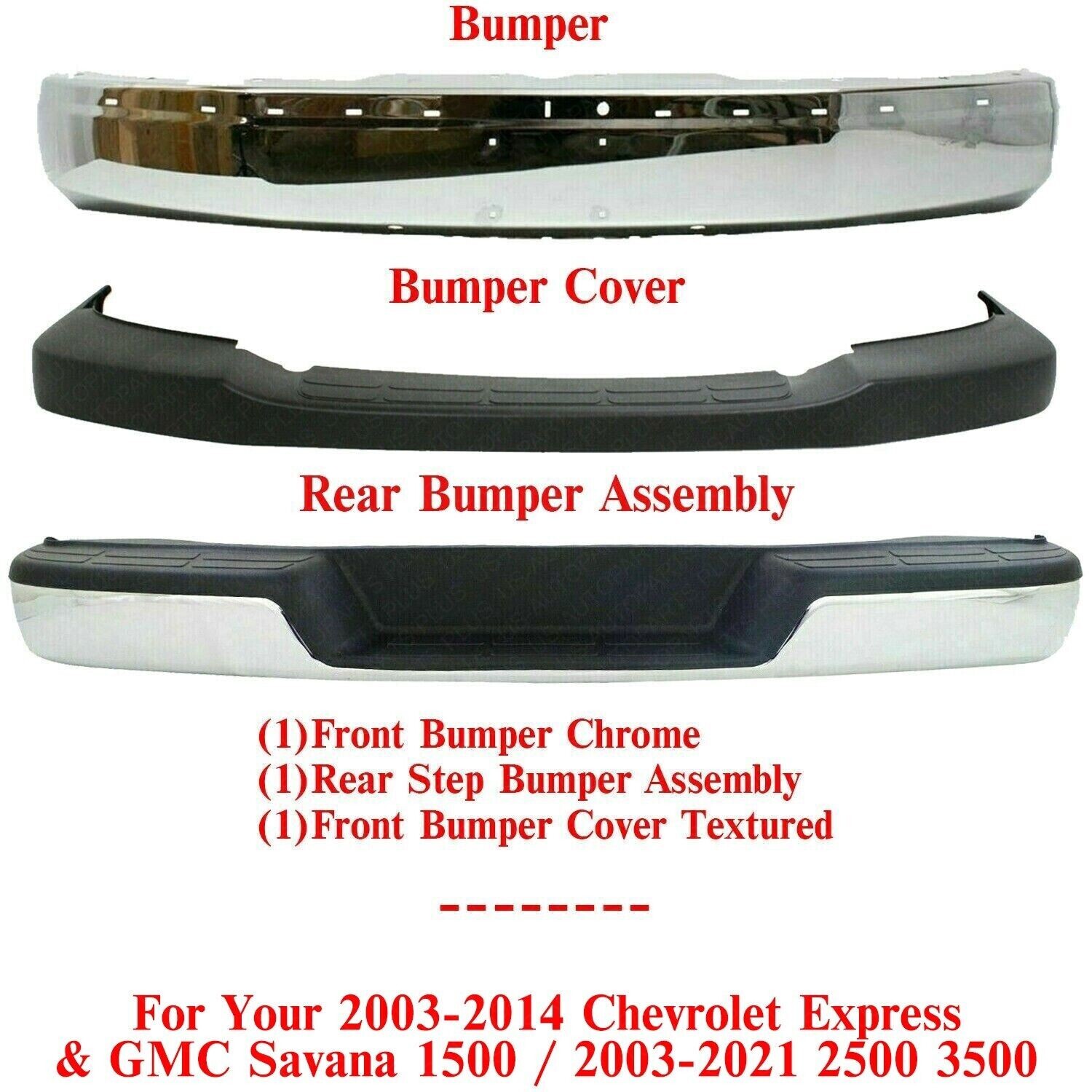 Front & Rear Bumper Primed + Upper Cover For 2003-2020 Chevy Express ...