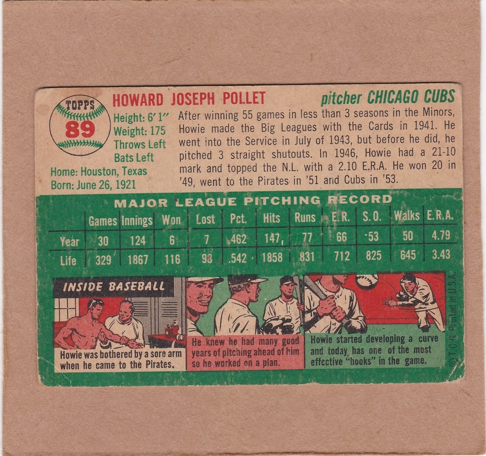 1954 Topps Baseball Card #89 Howie Pollet GD microcrease surface issues ...