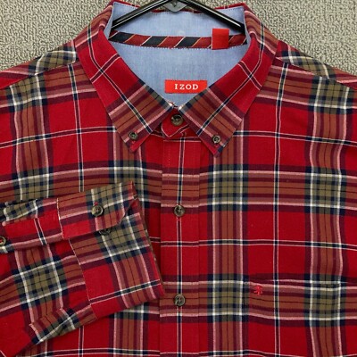 IZOD Shirt Mens XL Extra Large Red Green Black Plaid Button Up Long ...