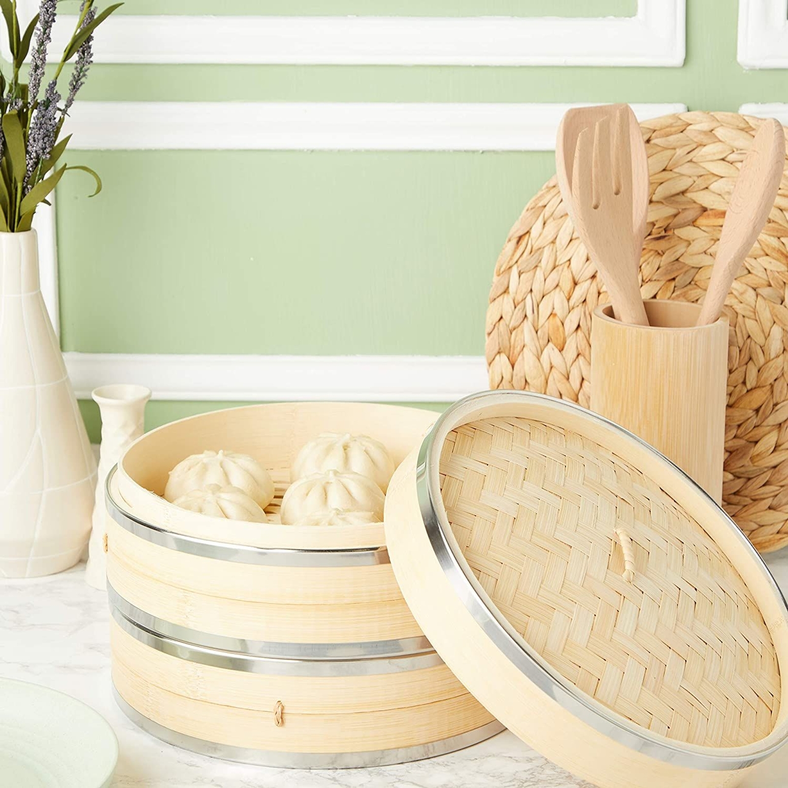 2 Tier Bamboo Steamer Basket 10 Inch for Dim Sum Bao Bun Dumpling ...
