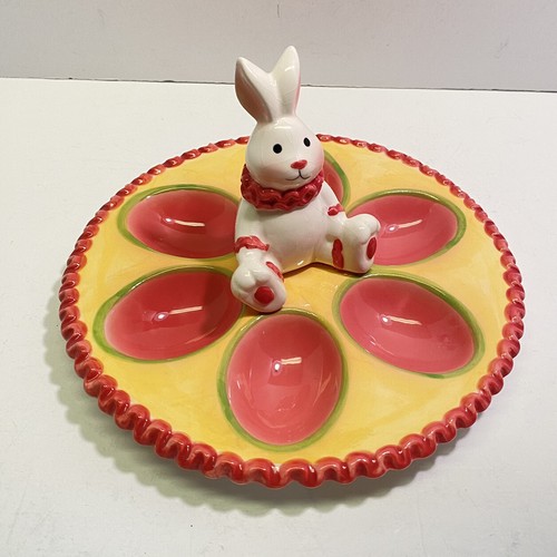 Easter Bunny Ceramic Deviled Egg Plate WCL Dish Yellow White Pink ...