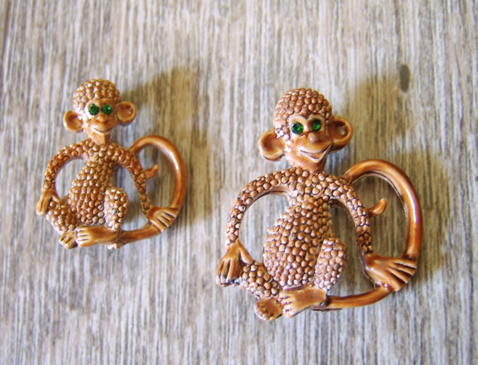 PAIR of Gerry's BROWN MONKEY PINS Different Sizes, Green Rhinestone ...