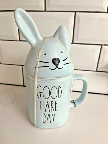 Rae Dunn Easter GOOD HARE DAY Figurine Coffee Mug Blue Winking Rabbit ...