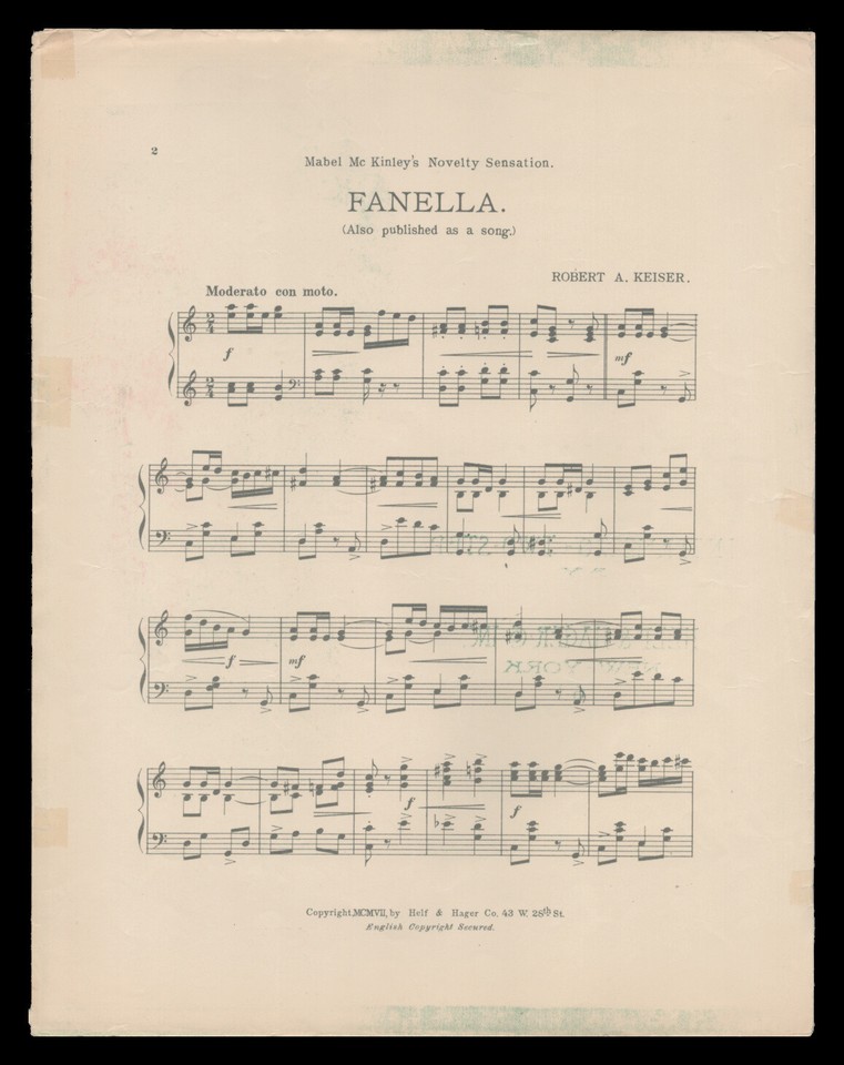 FANELLA Robert A Keiser 1907 PIANO TWO-STEP SOLO Pretty Girl Vintage ...