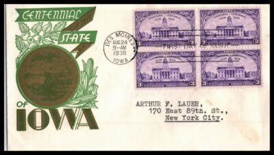 1938 IOWA centennial 100 years Sc 838-3 FDC with L. W. Staehle cachet ...
