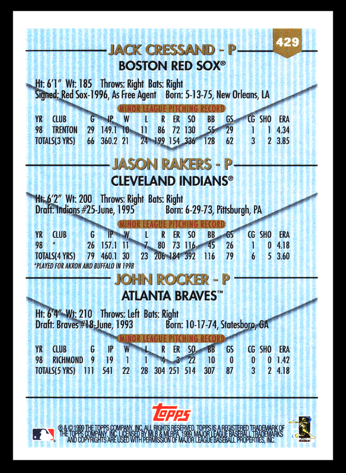 1999 Topps Jack Cressland/Jason Rakers/John Rocker #429 Red Sox ...