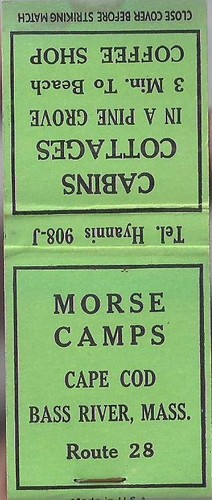 Vintage Matchbook MORSE CAMPS Route 28, BASS RIVER, MASSACHUSETTS. CAPE ...