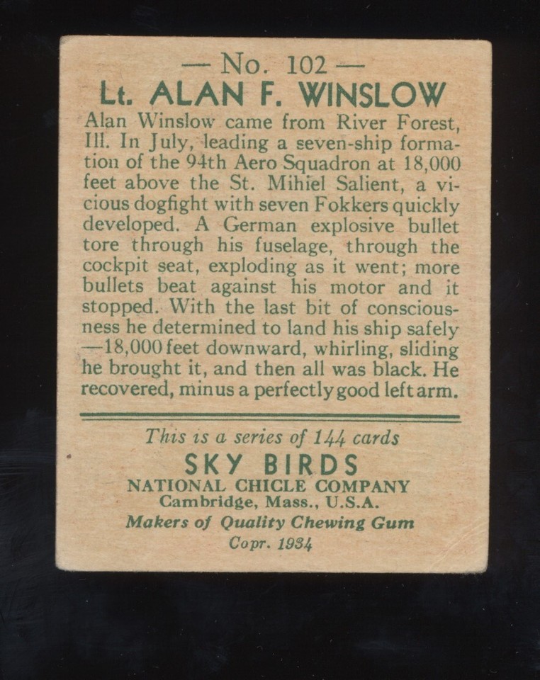 1934 National Chicle Sky Birds Lt. Alan F. Winslow # 102 High # | eBay