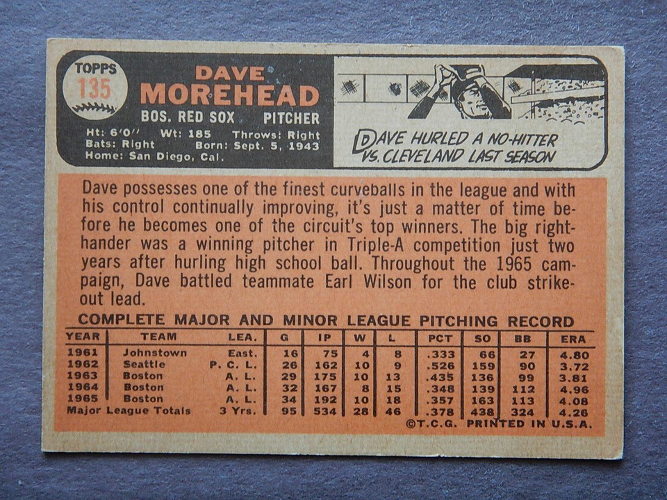 Dave Morehead #135 Topps 1966 Baseball Card (Boston Red Sox) *G | eBay