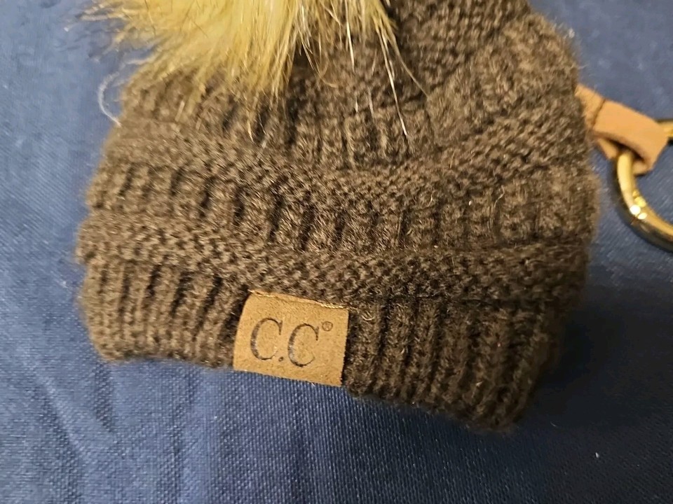 C.C Exclusives Pom Pom Gray Beanie Cap Hat Keychain w/ Gold Tone Clasp ...