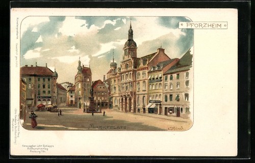 Künstler-Lithographie Carl Münch: Pforzheim, Marktplatz mit Denkmal ...