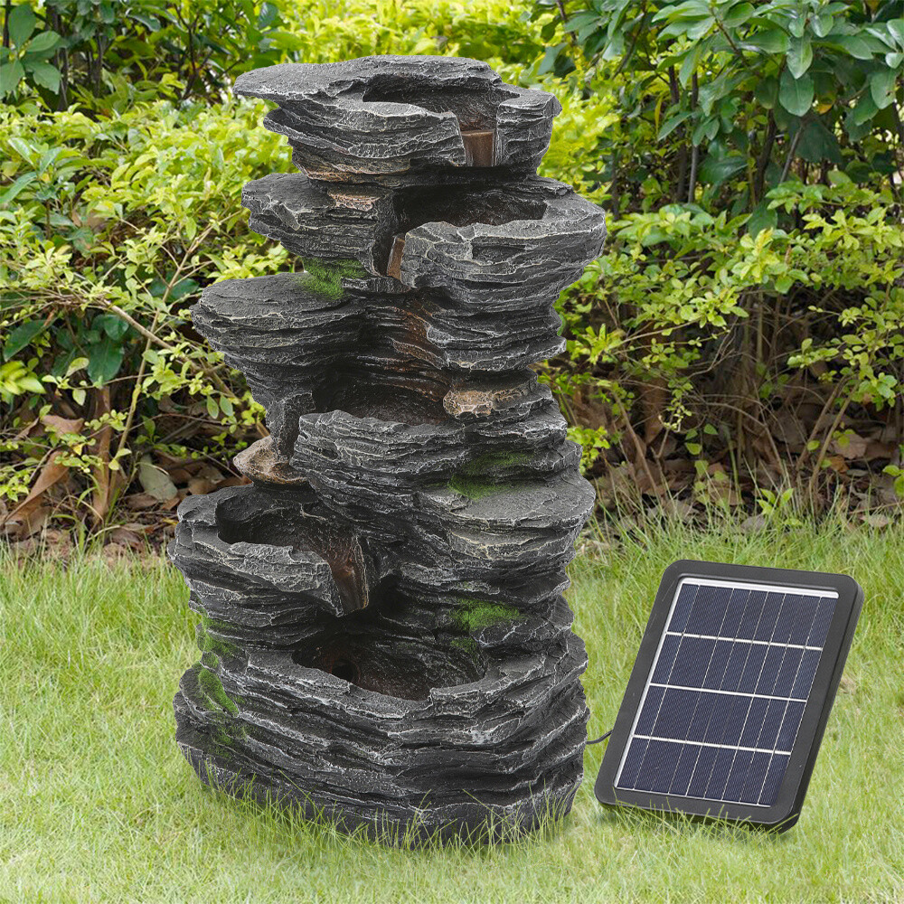 Solar Powered Outdoor Rockery LED Waterfall Fountain Garden Stone Water ...
