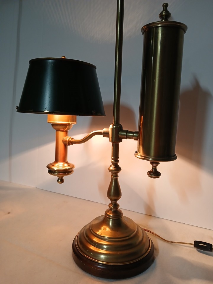 VINTAGE BRASS TOLE STUDENT DESK TABLE LAMP GREEN SHADE REPRODUCTION OIL ...