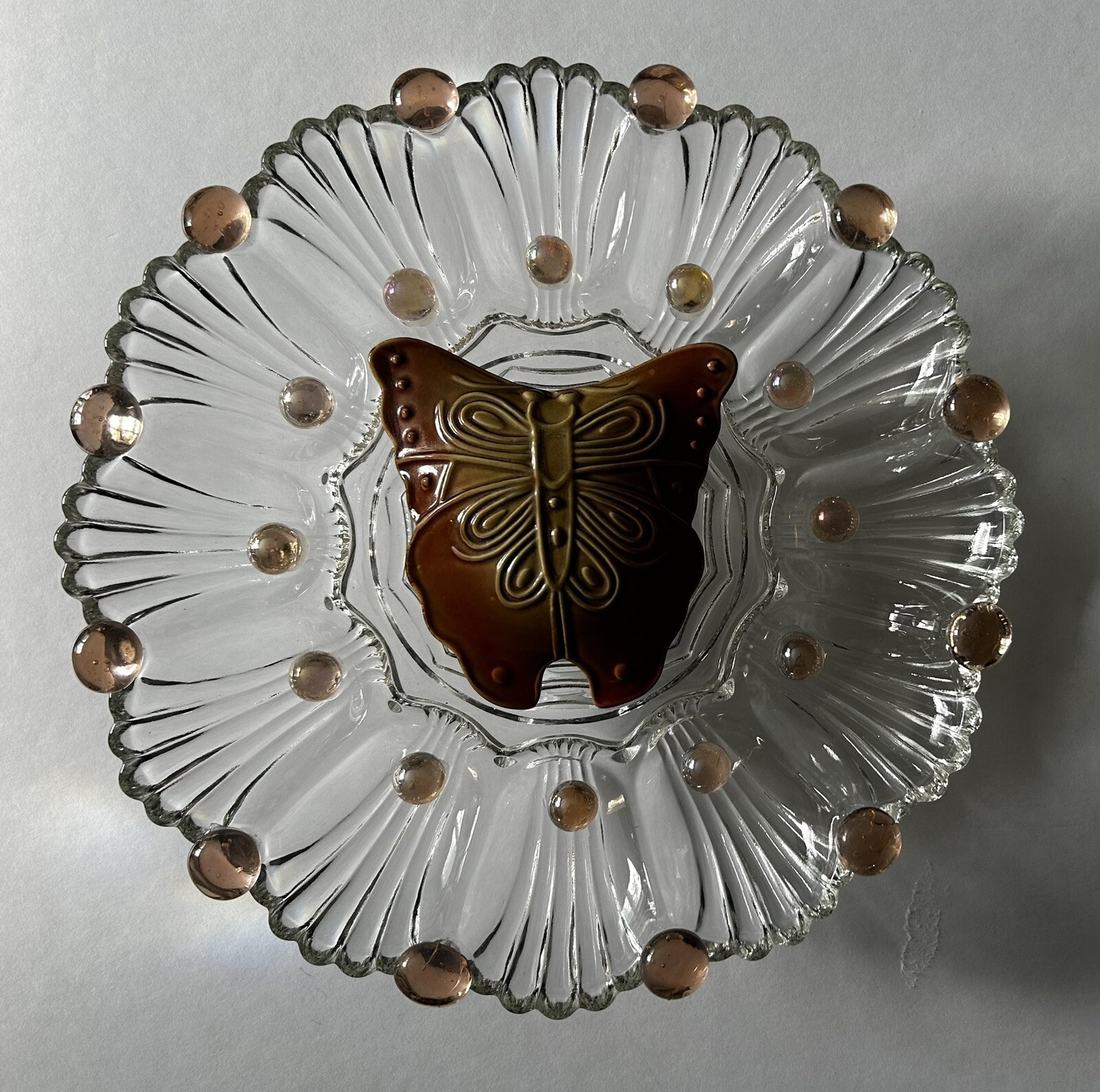 Peach Butterfly & Clear Shell Glass Garden Flower Repurposed Suncatcher ...