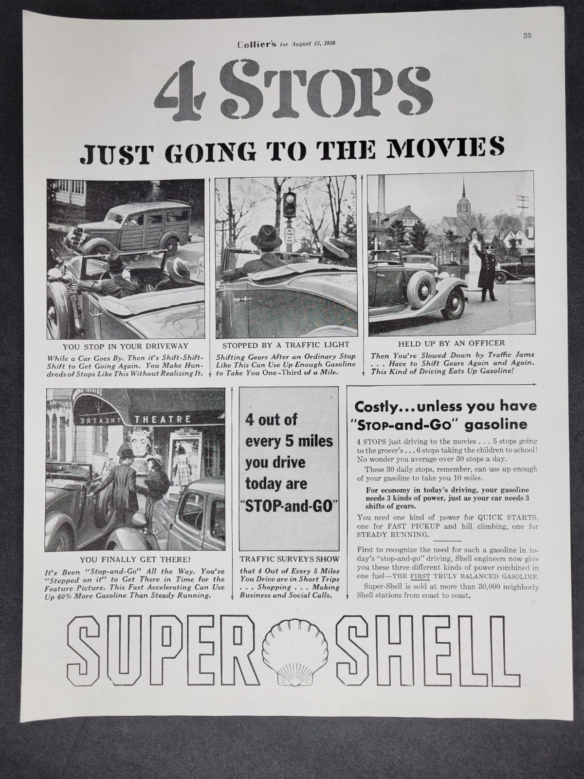 Shell Gasoline-4 Stops Just Going to the Movies-Cars-Vintage Print Ad ...