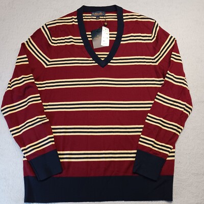 NWT Brooks Brothers V-Neck Border Sweater Striped Knit Merino Wool Mens ...