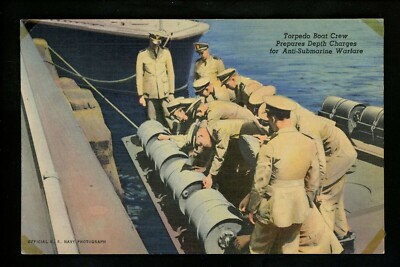 Military postcard US Navy Torpedo Boat Crew prepping depth charges ...