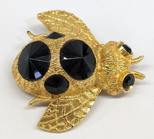 VTG Doreen Ryan Textured Gold Tone Bee Bug Black Rivoli Rhinestone ...