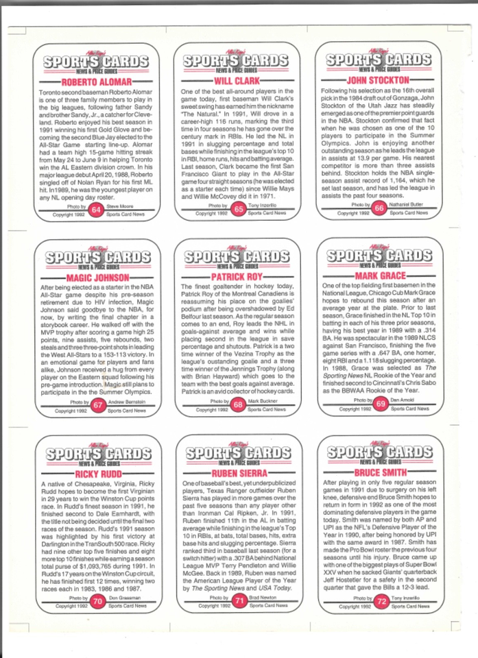 1992 Sports Card News- 5 Uncut 9 Card Sheets - Magic Johnson, Patrick ...