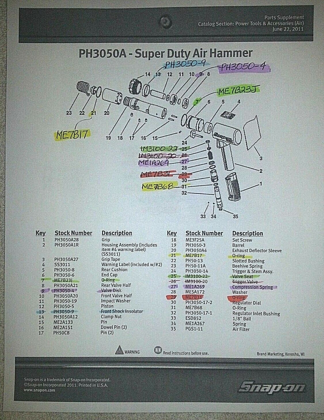SNAP ON PH3045,PH3050,PH3050A,PH3050B AIR HAMMER TUNE UP KIT FOURTEEN ...